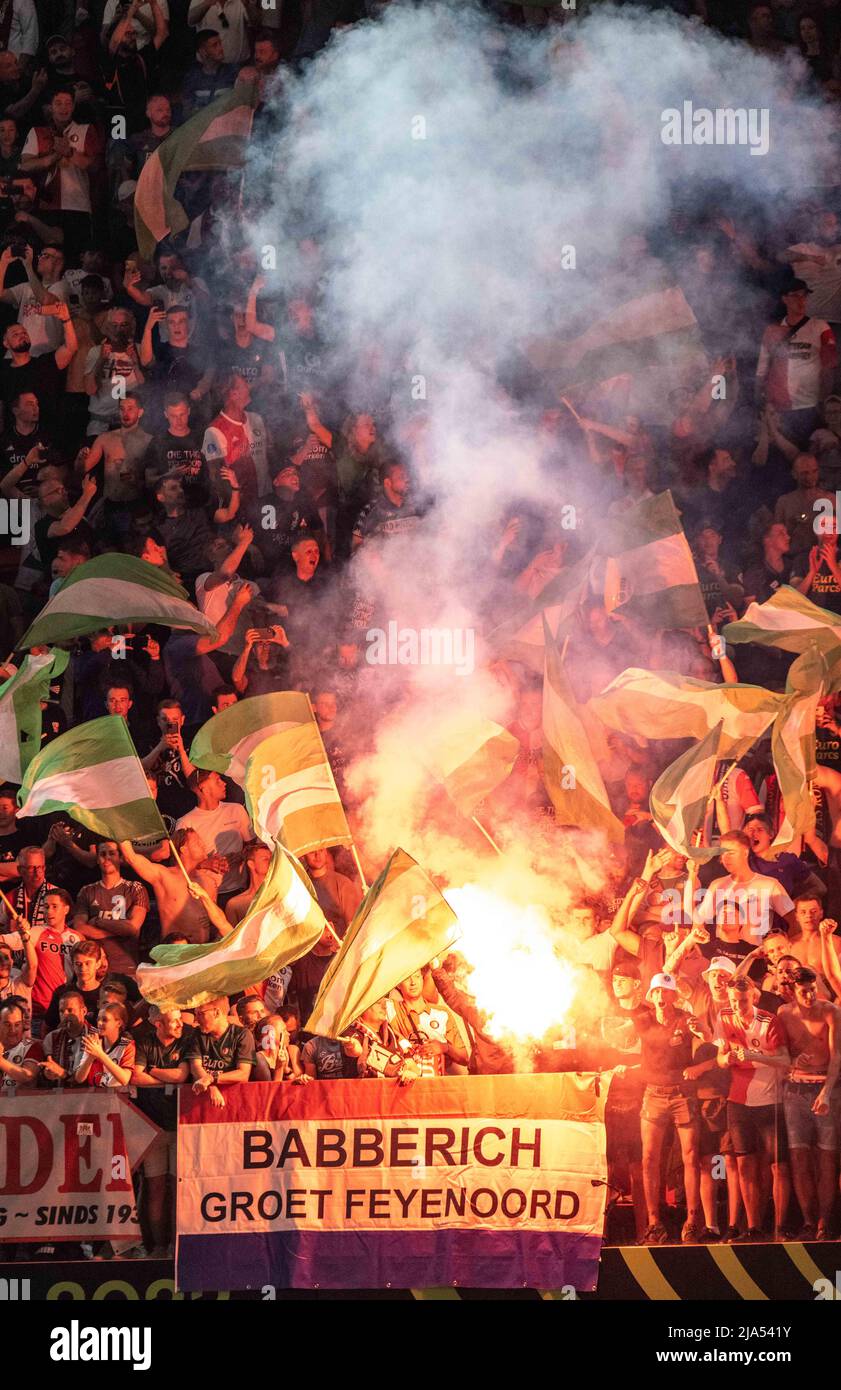 TIRANA, ALBANIA - MAY 25: Feyenoord ultras fans set up flares display ...