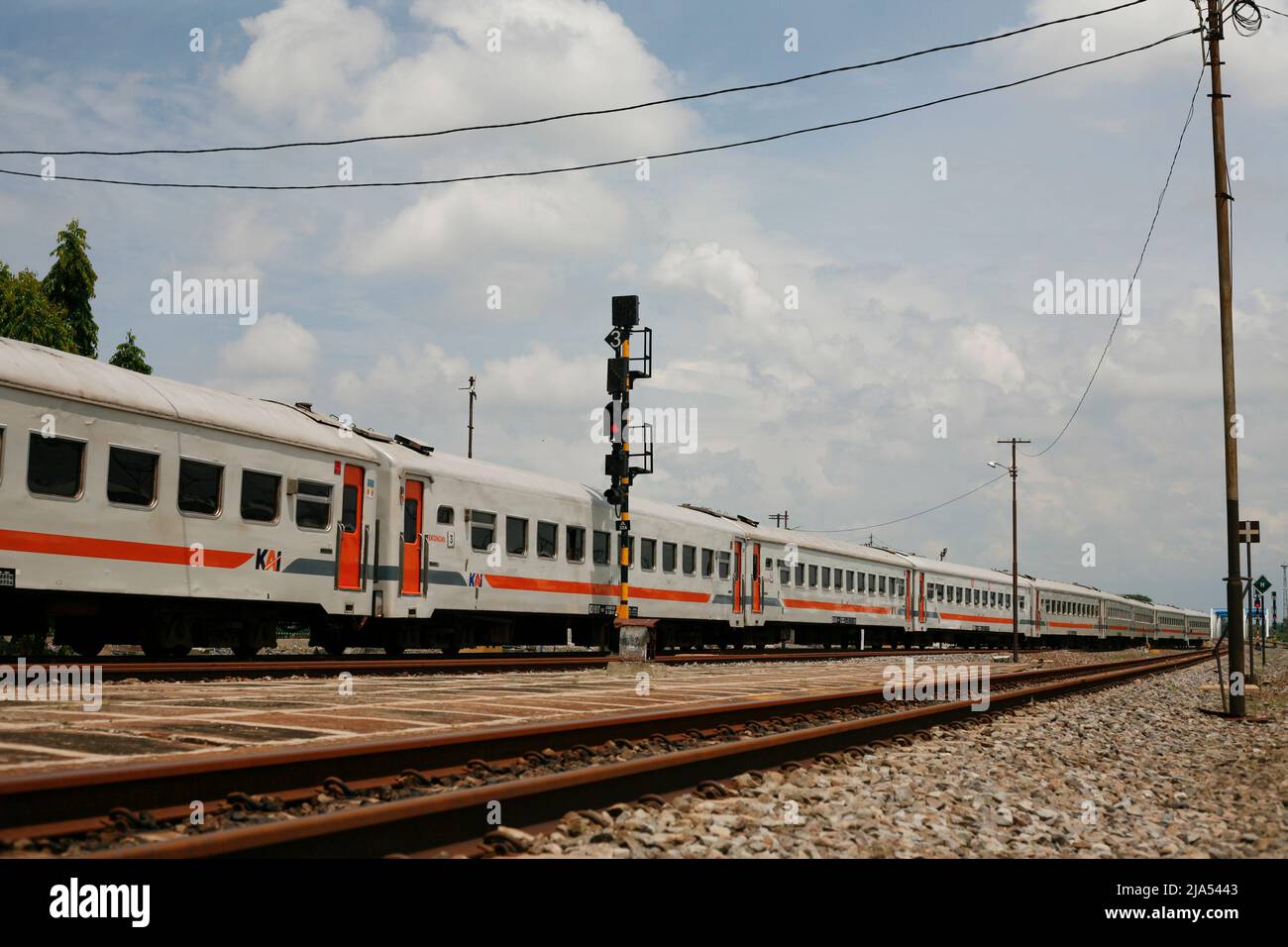 Passanger train arrived at Kertosono station in Java Island Indonesia ...