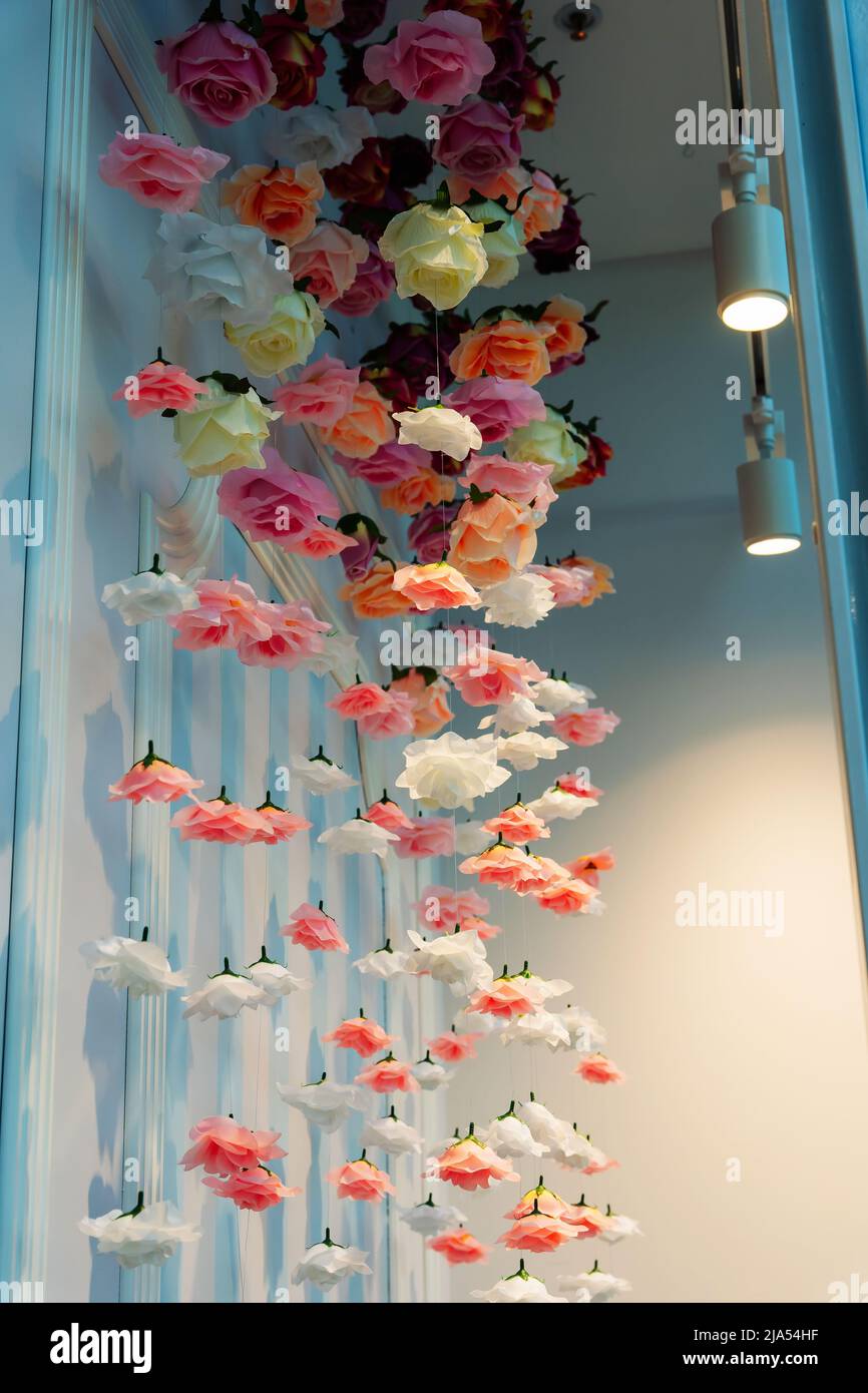 an artistic spatial composition of rose flowers suspended in the air ...