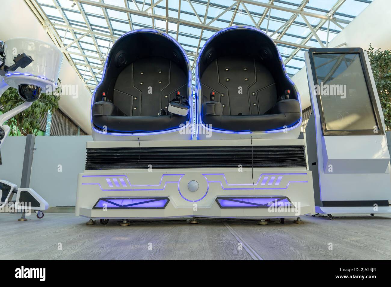 3D Virtual reality chairs in a entertainment mall. playing games in VR ...