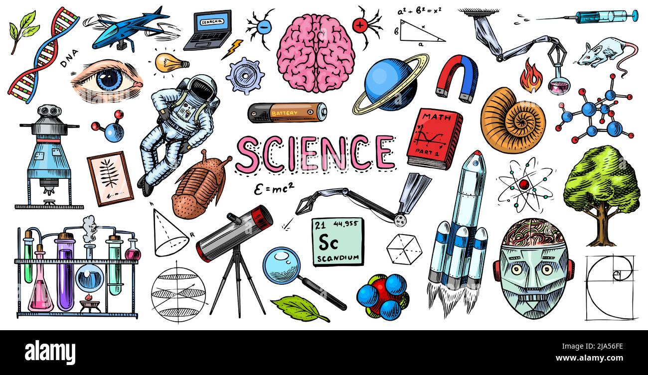 Science banner. Engraved hand drawn in old sketch and vintage style ...