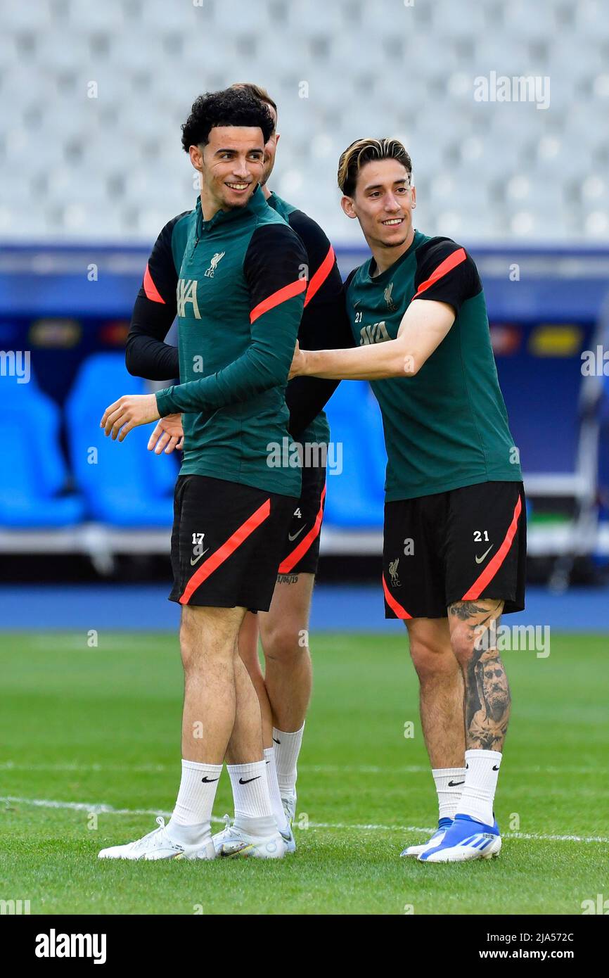 Paris, France. 27th May, 2022. Curtis Jones (17) and Kostas Tsimikas ...