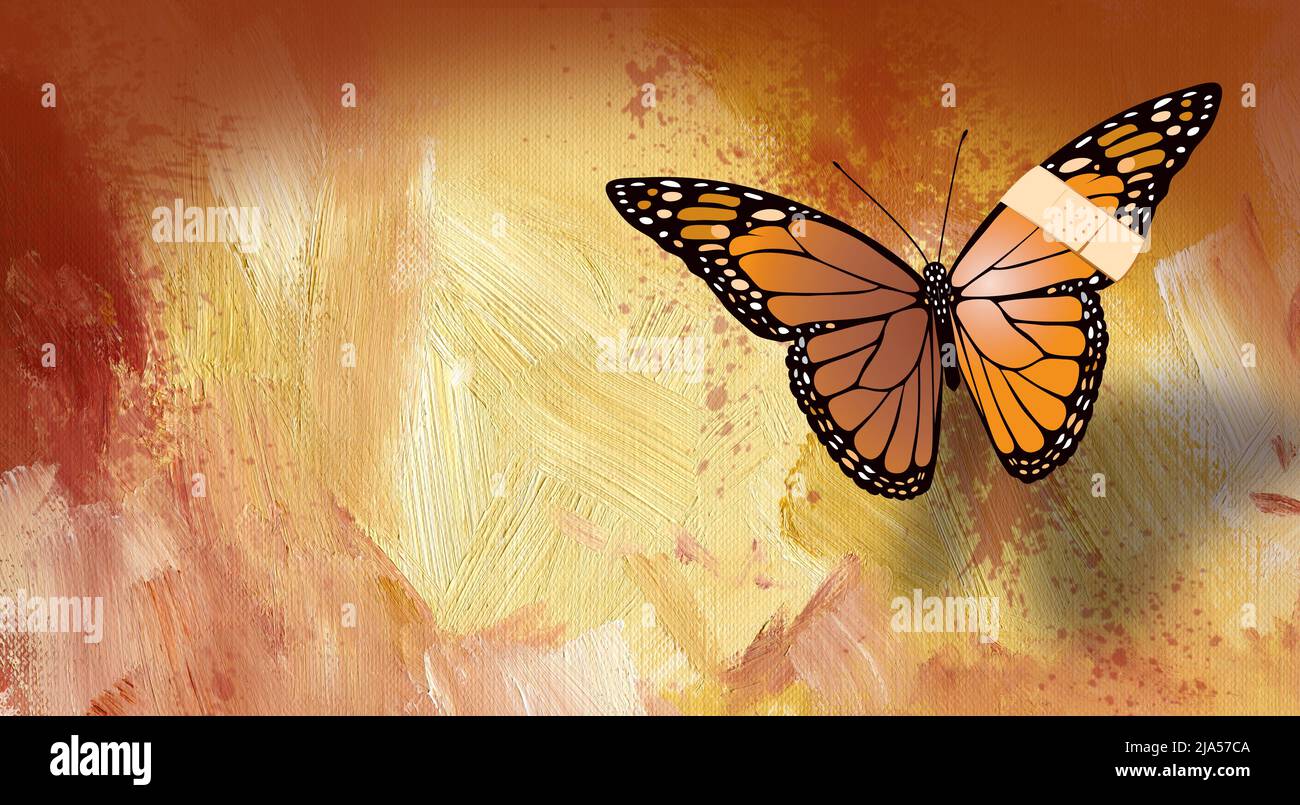 Graphic design of iconic monarch butterfly with bandaged wounded wing ...
