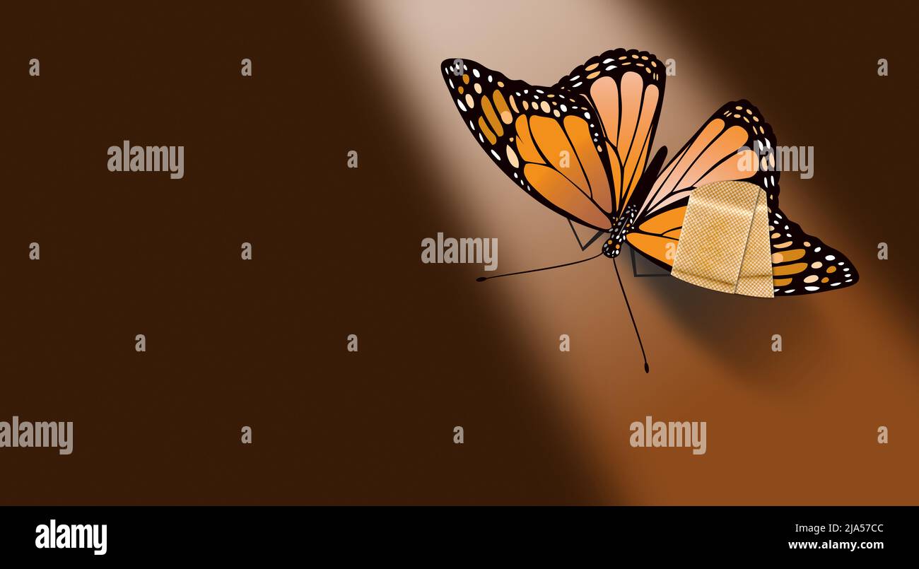 Graphic design of iconic monarch butterfly with bandaged injured wing ...