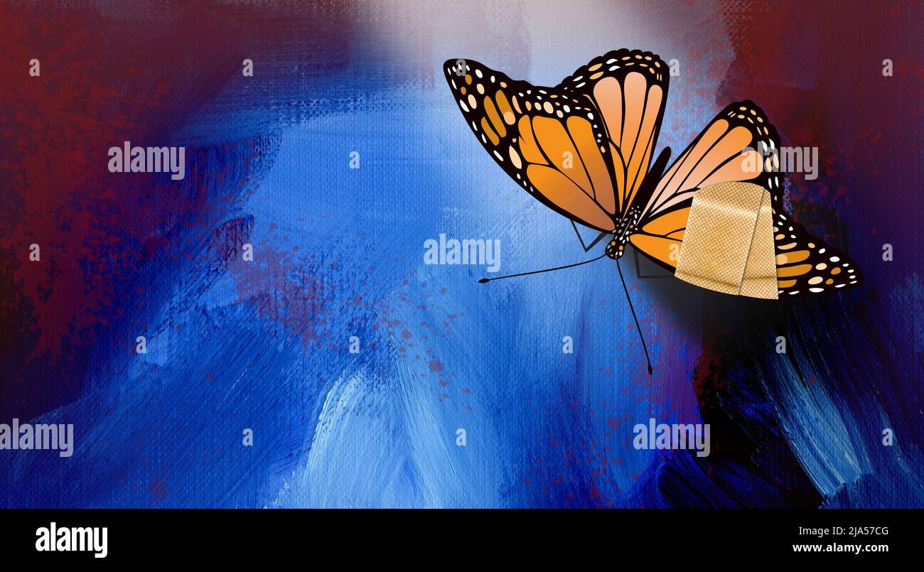 Graphic design of iconic monarch butterfly with bandaged injured wing ...