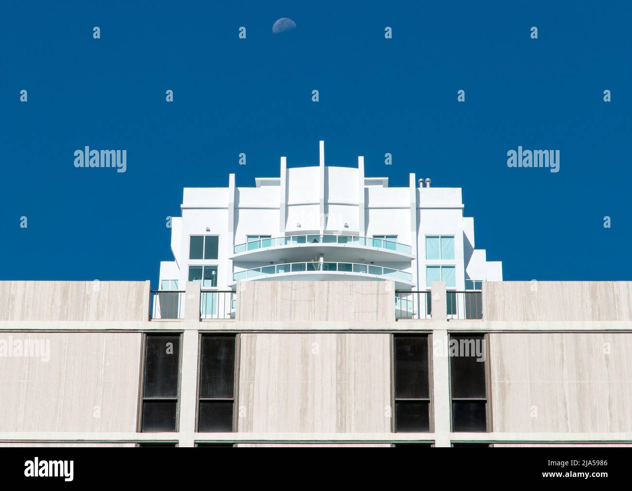 The abstract view of Miami downtown skyscrapers with a half Moon above ...