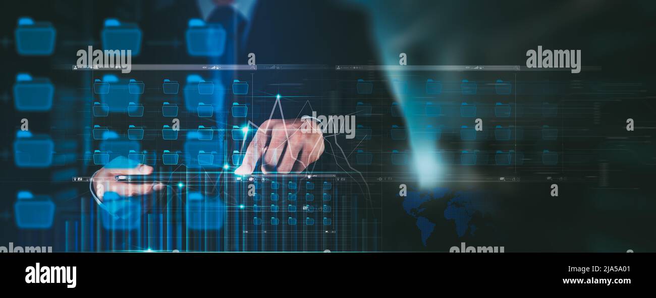 Businessman working with modern computer virtual dashboard analyzing ...