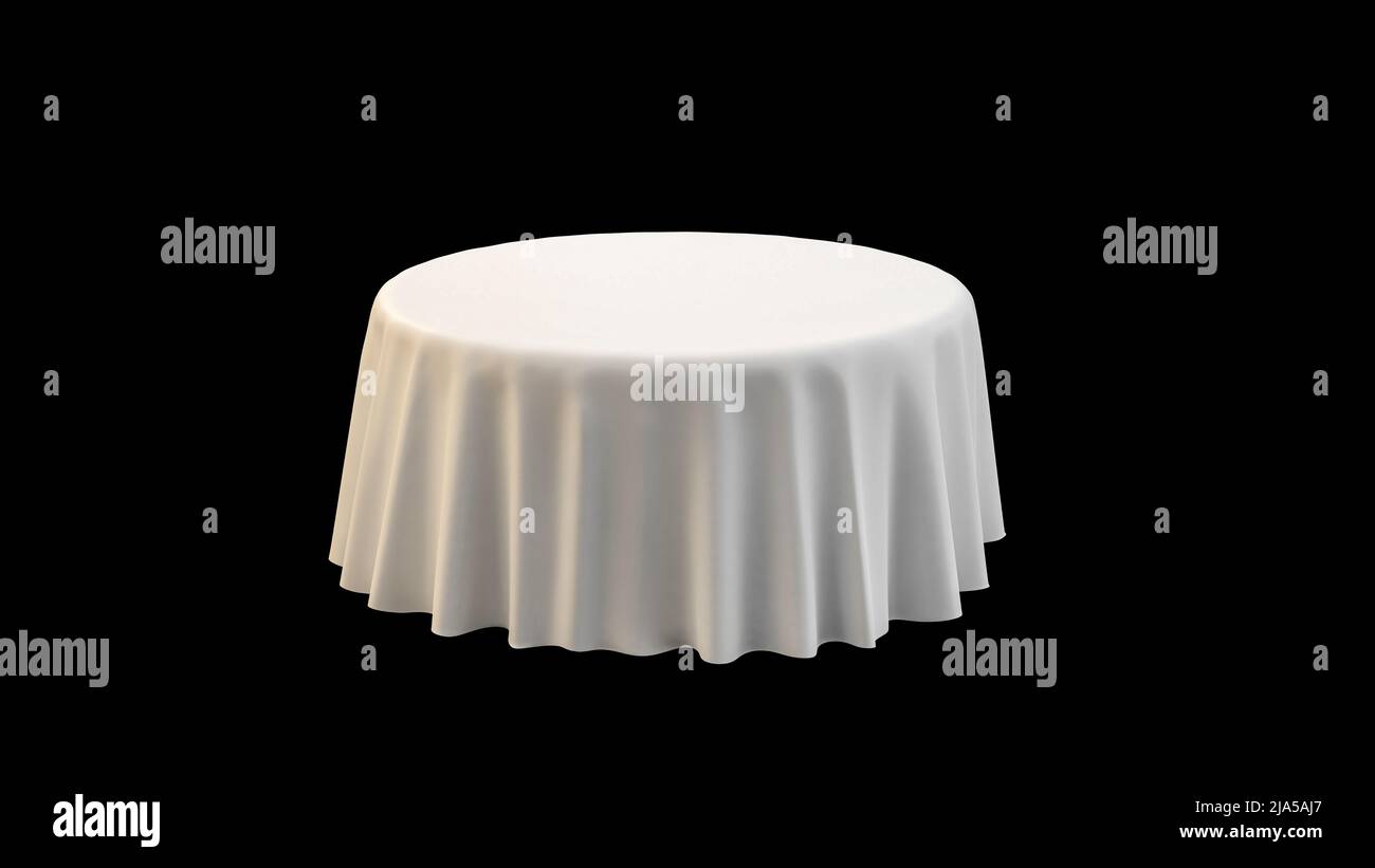 Empty Round Table with white Tablecloth Isolated on black Background ...