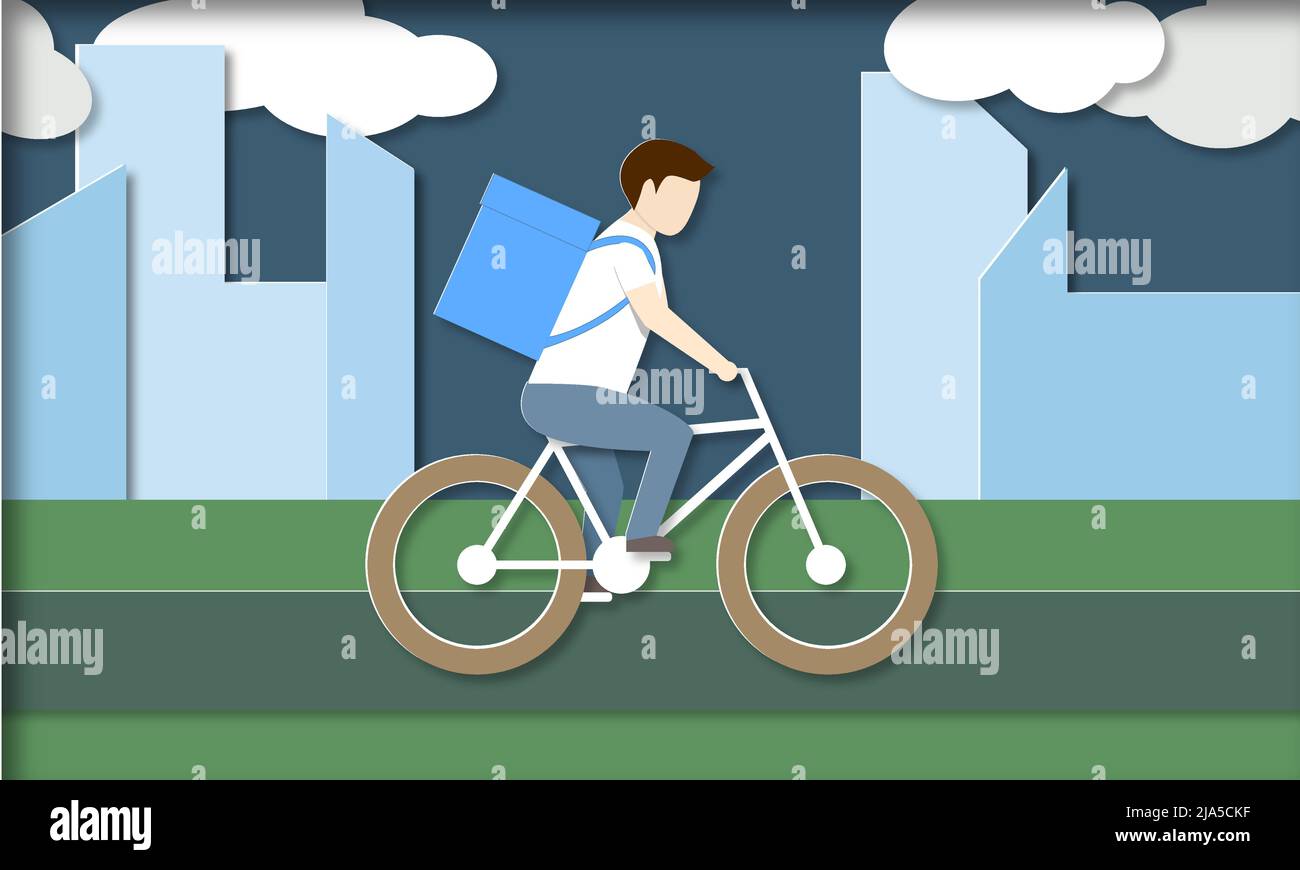 Food Delivery courier order box on bicycle on background of high-rise ...