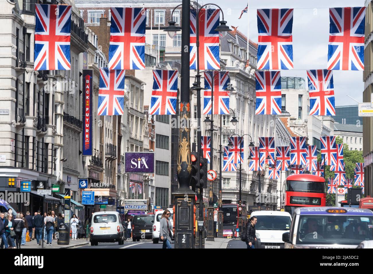 Platinum jubilee union jack flags on the Strand, Northbank, London ...