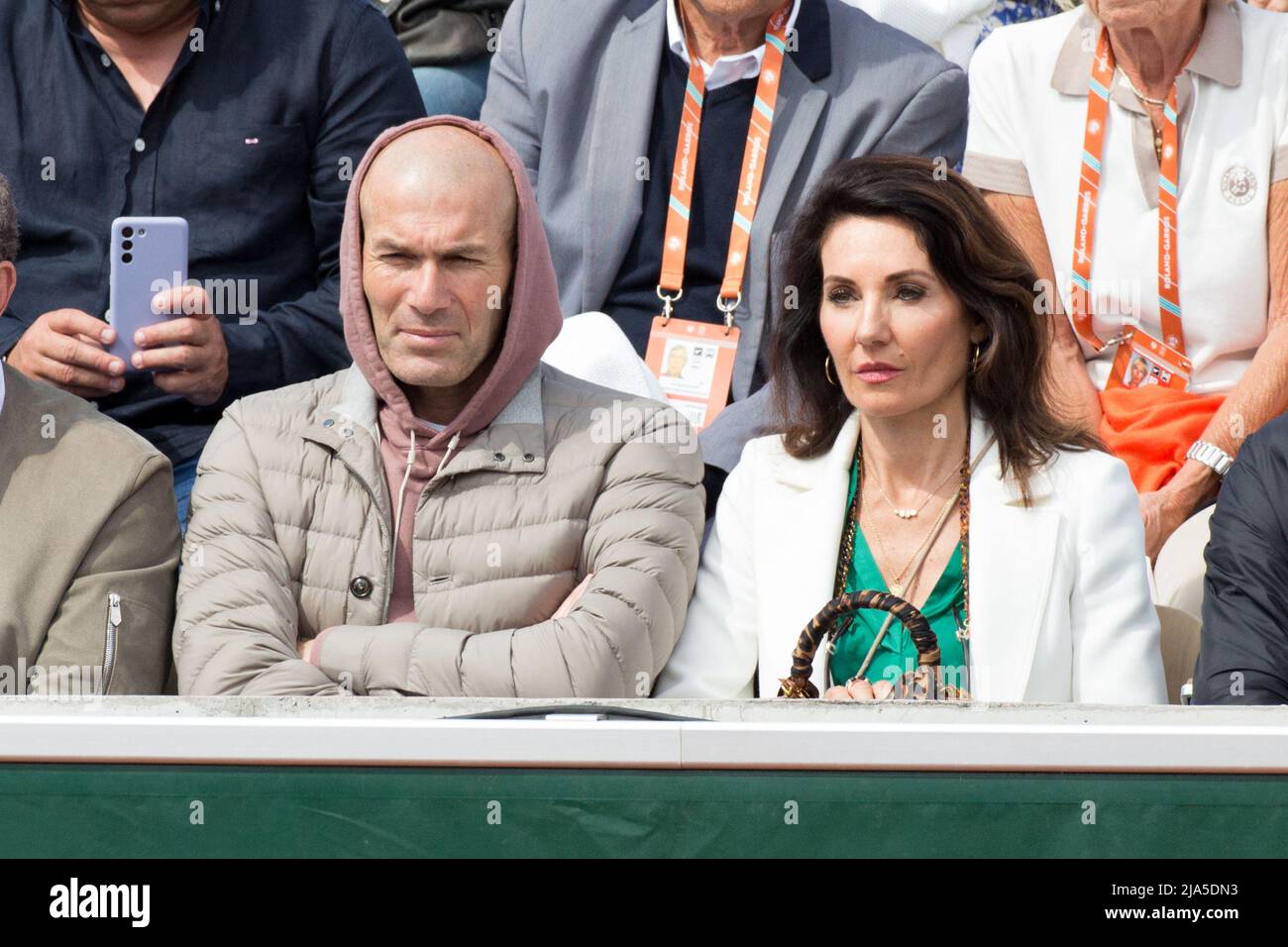 Paris, France. 27th May 2022. Zinedine Zidane and his wife Veronique Zidane in the stands during ...