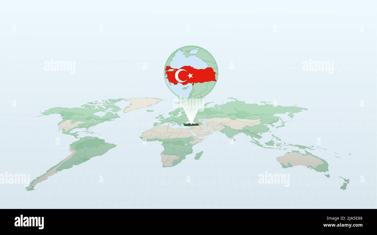 World map in perspective showing the location of the country Turkey ...