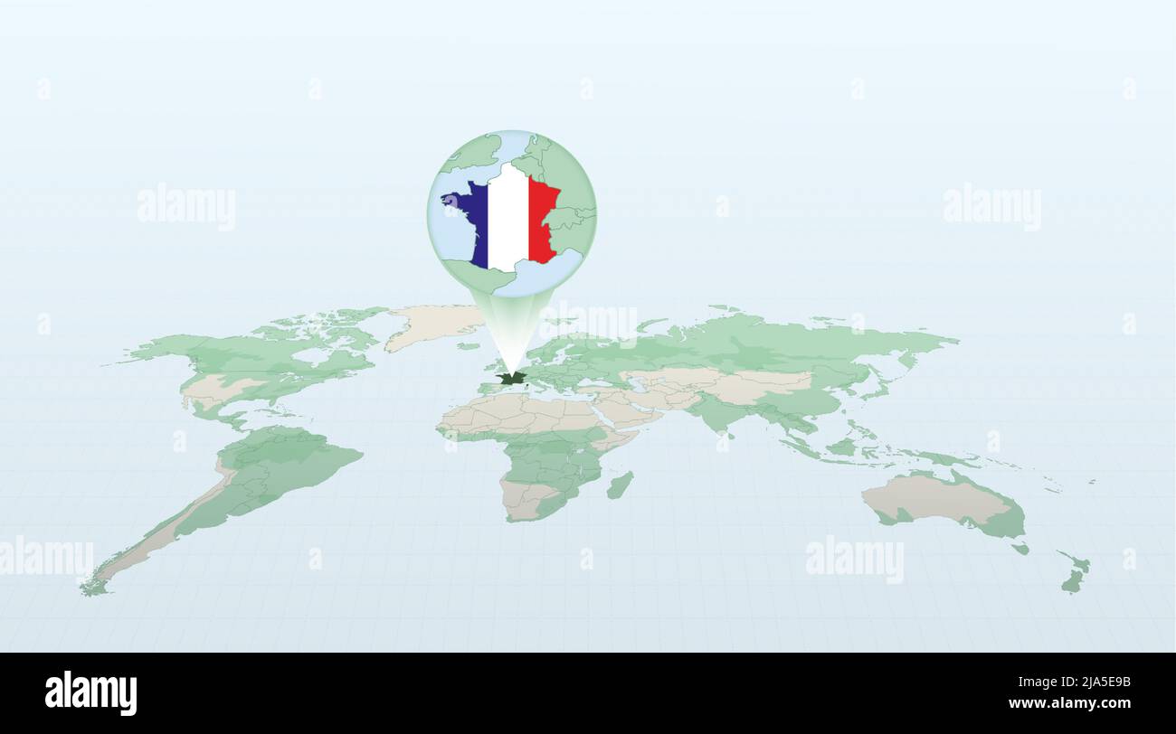 World map in perspective showing the location of the country France ...