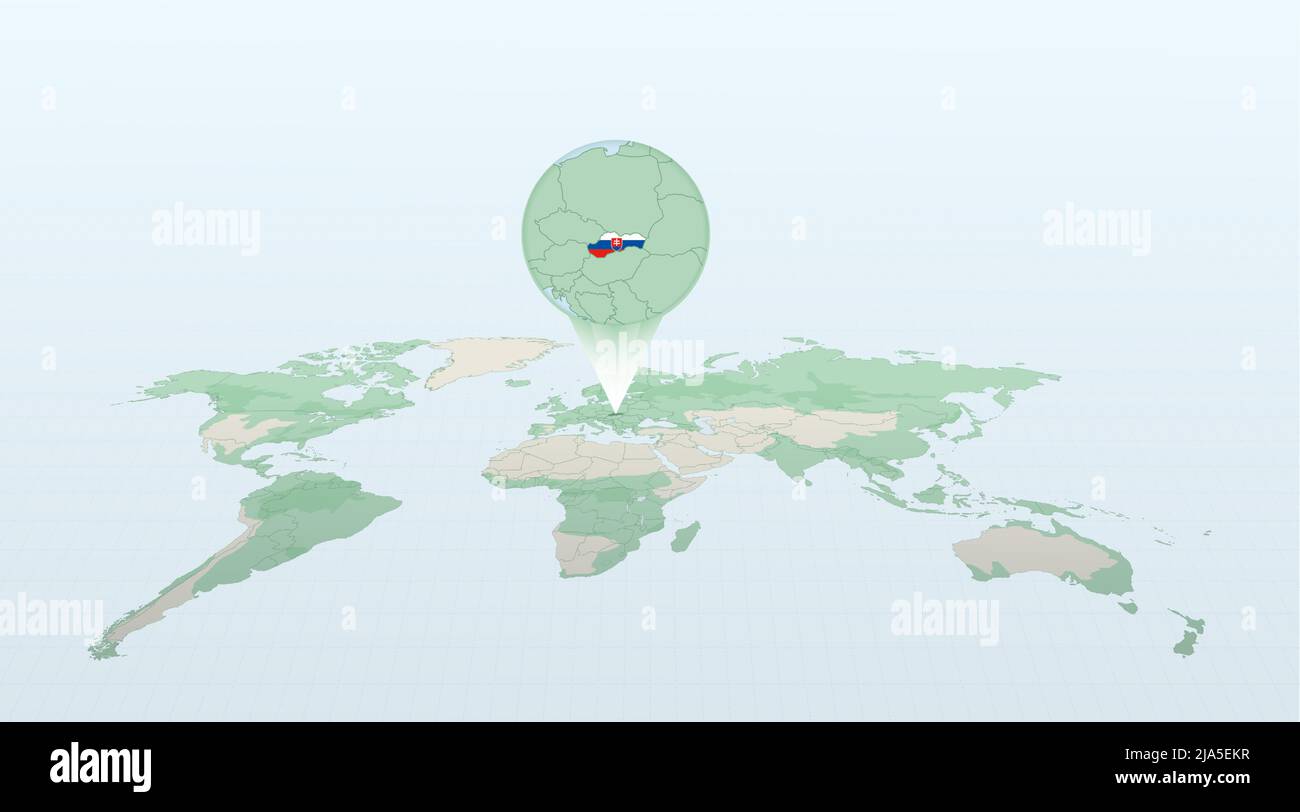 World map in perspective showing the location of the country Slovakia ...