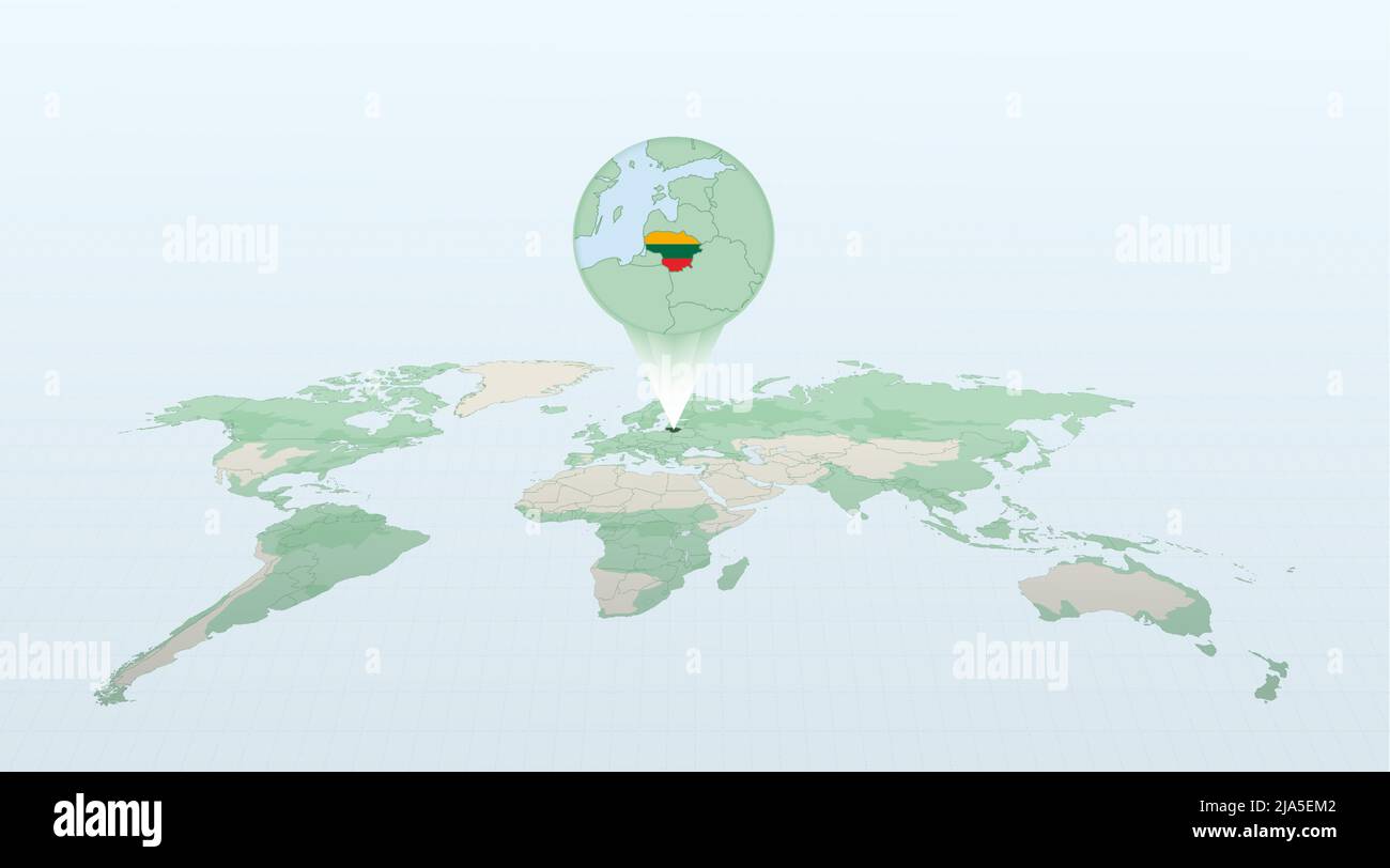 World map in perspective showing the location of the country Lithuania ...