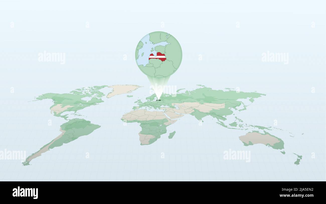 World map in perspective showing the location of the country Latvia ...