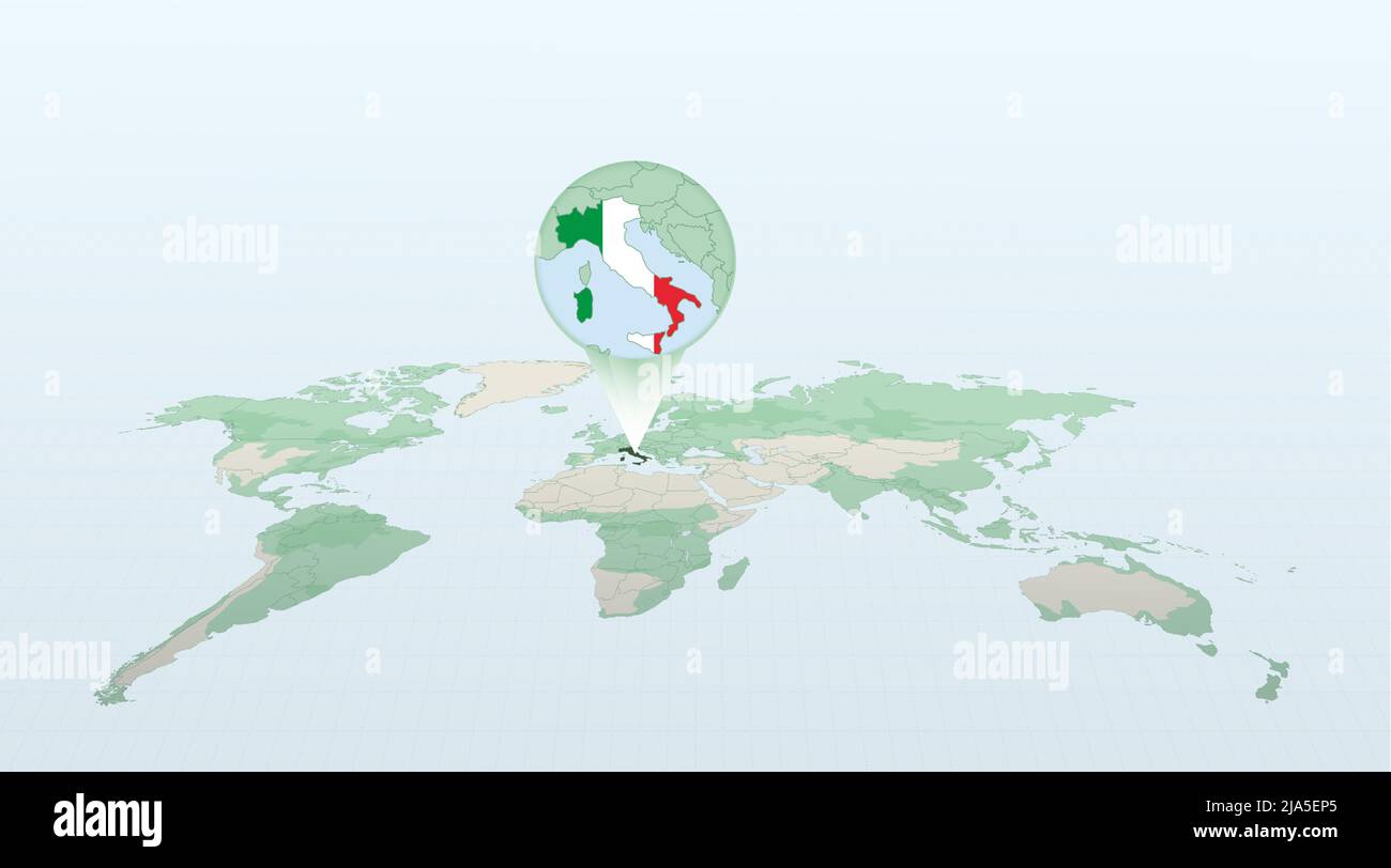 World map in perspective showing the location of the country Italy with ...
