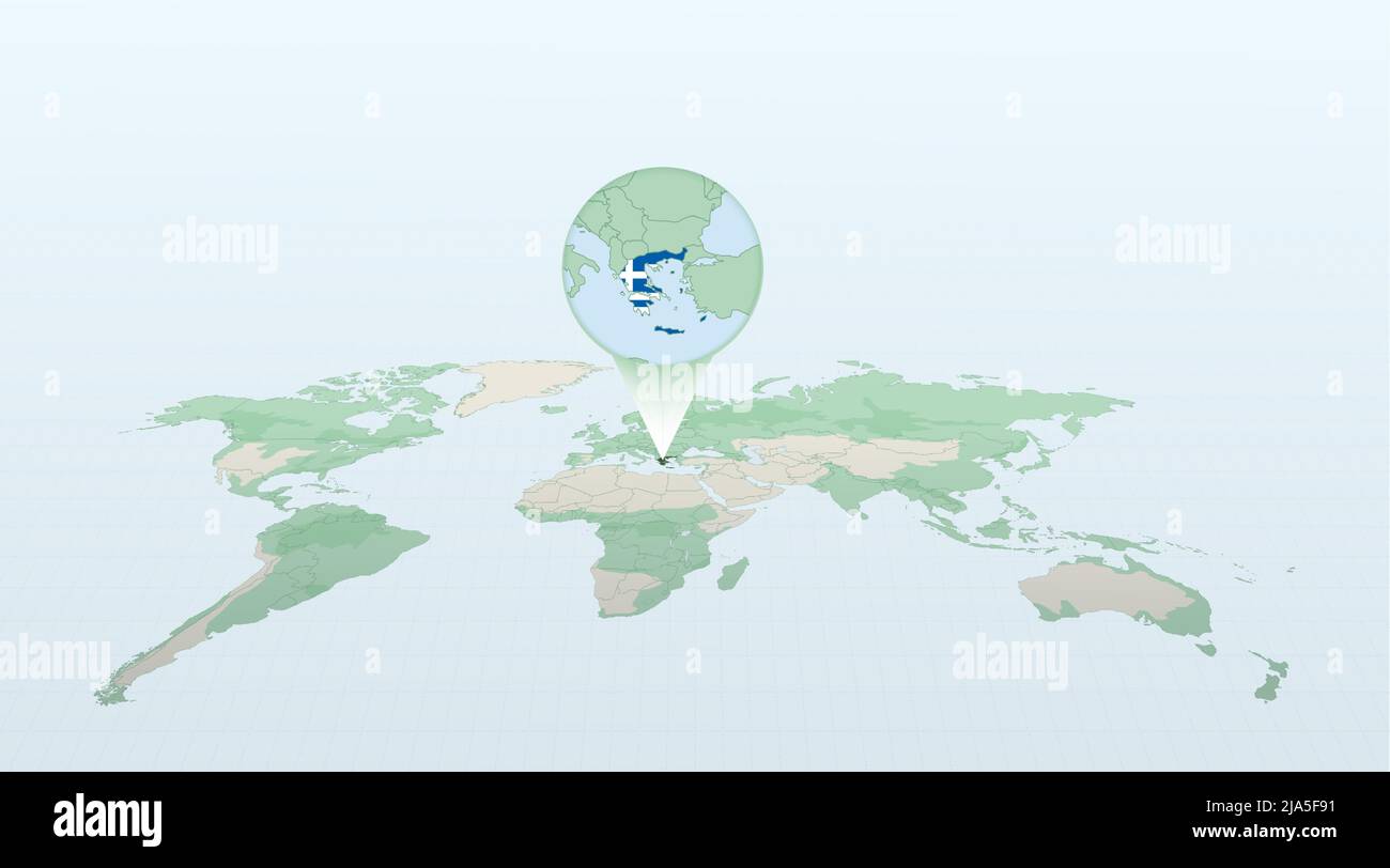 World map in perspective showing the location of the country Greece ...