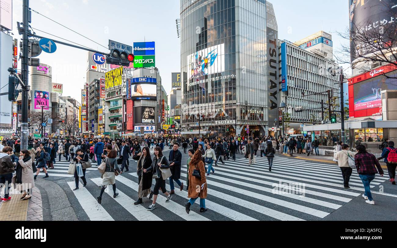 Tokyo, Japan - January 8, 2020. Many people walking along the busy ...