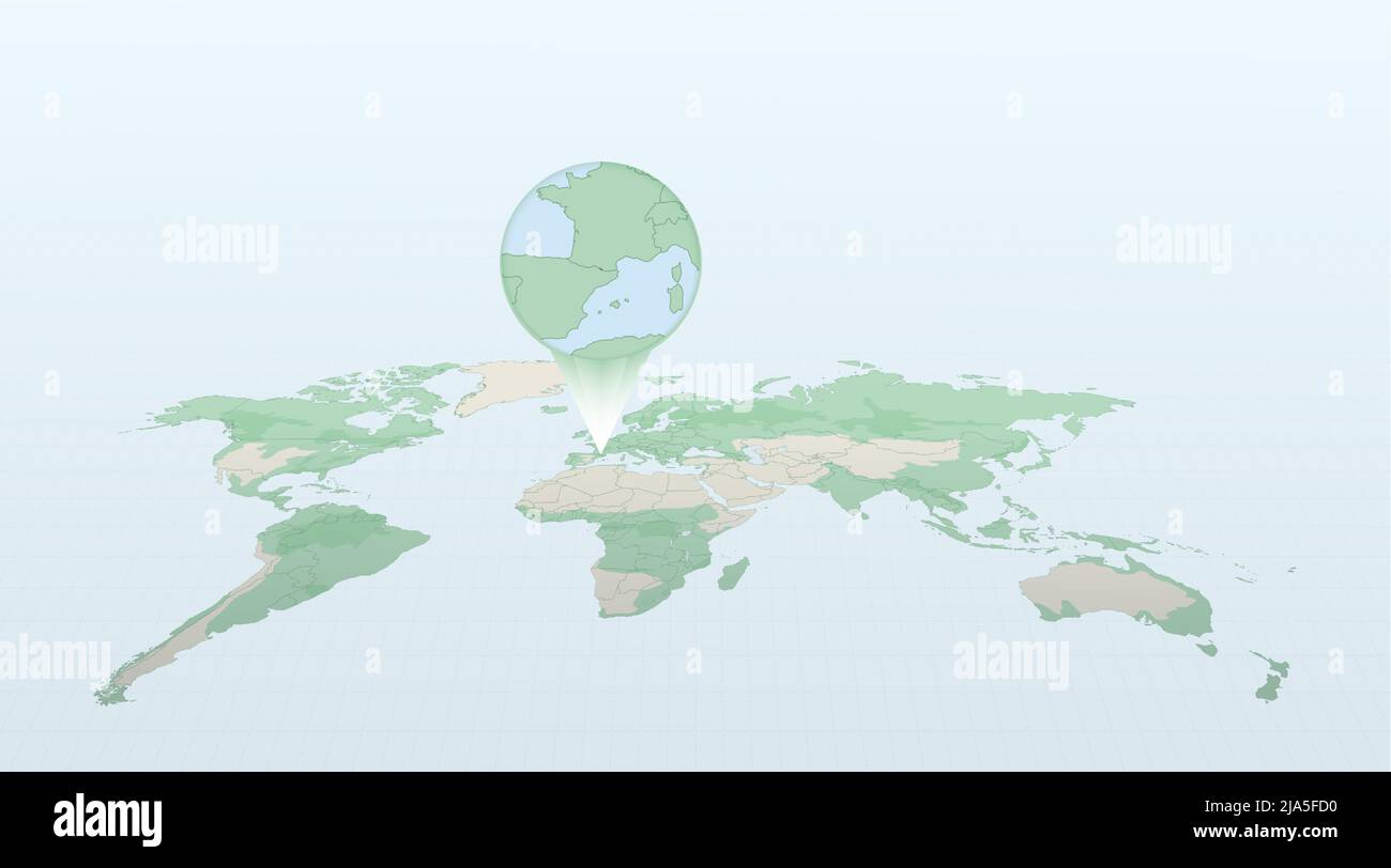 World map in perspective showing the location of the country Andorra ...