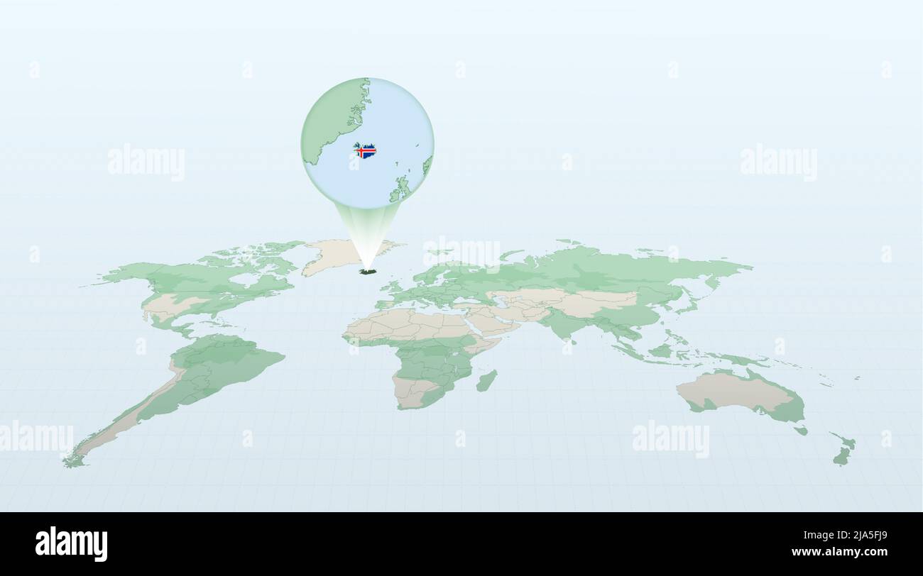 World map in perspective showing the location of the country Iceland ...