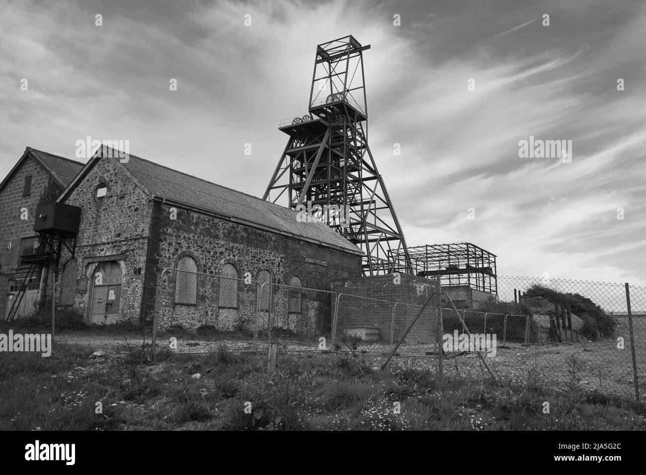 South Crofty Mine, Camborne, Cornwall, in black and white Stock Photo ...