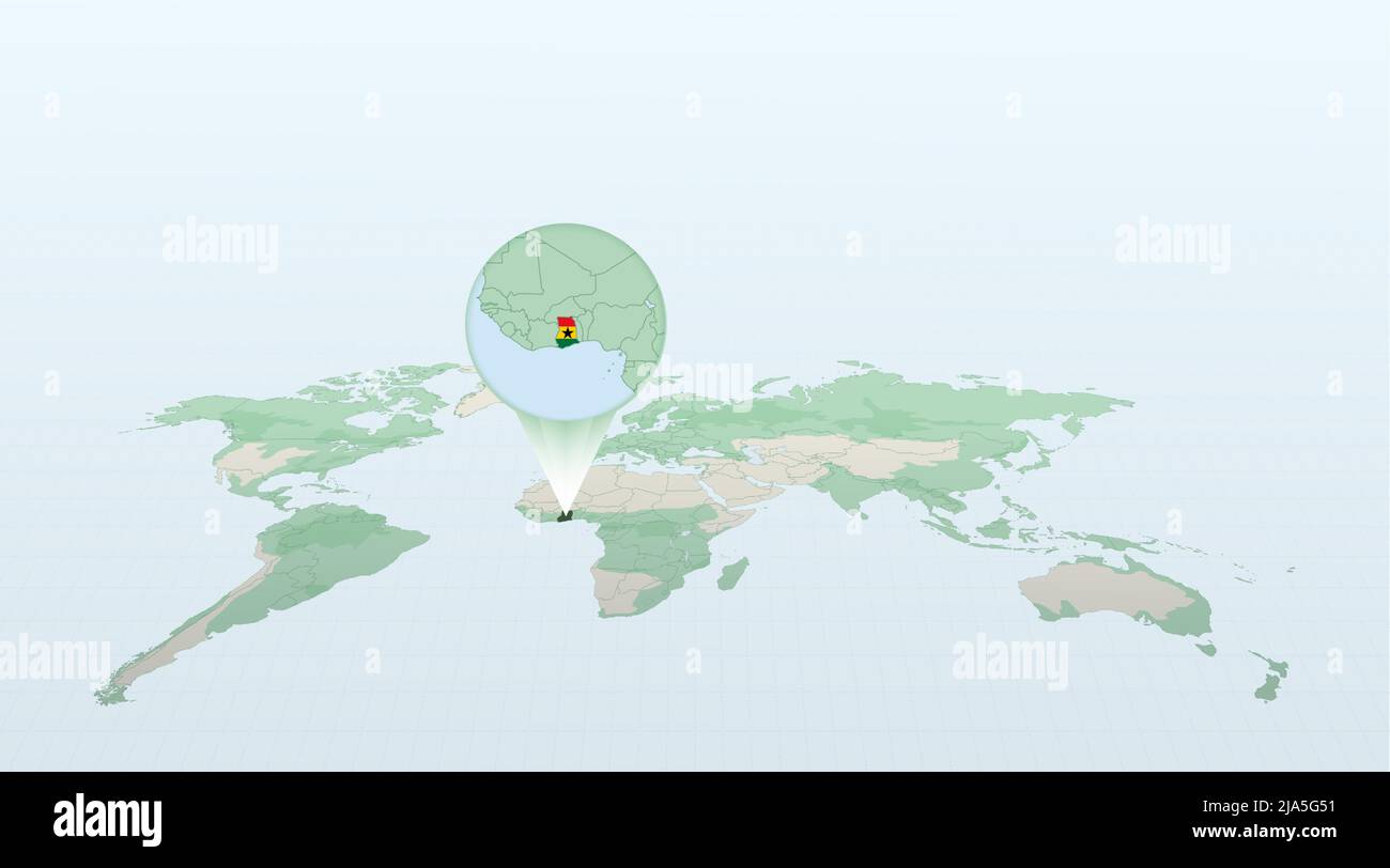 World map in perspective showing the location of the country Ghana with detailed map with flag ...