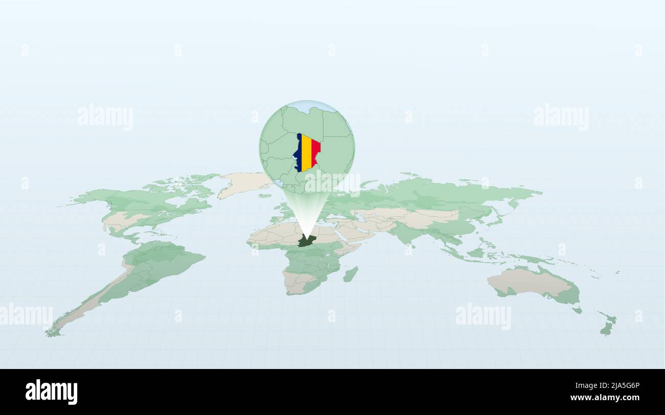World map in perspective showing the location of the country Chad with ...