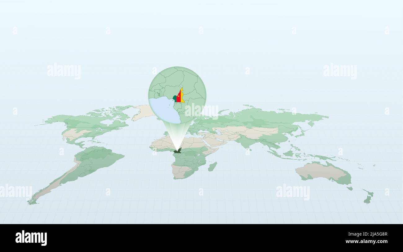 World map in perspective showing the location of the country Cameroon ...