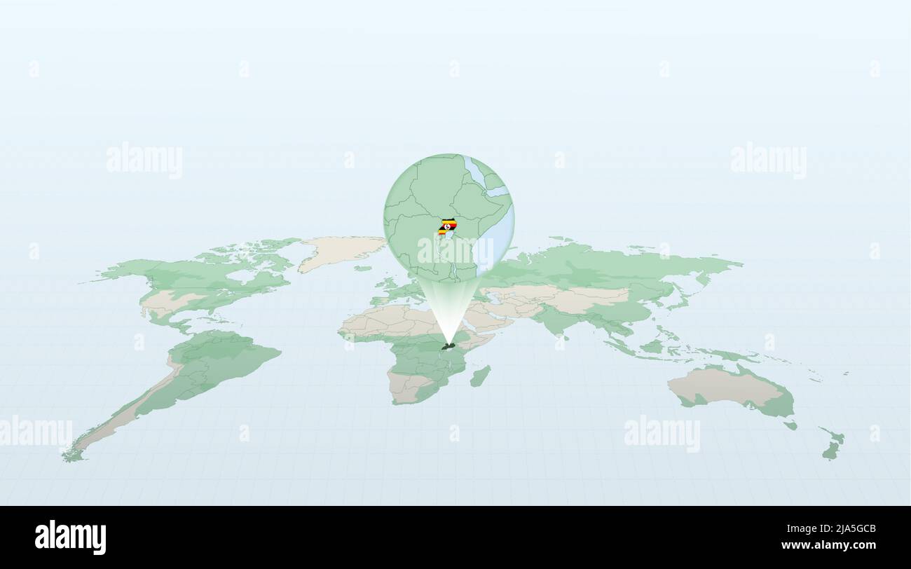 World map in perspective showing the location of the country Uganda ...