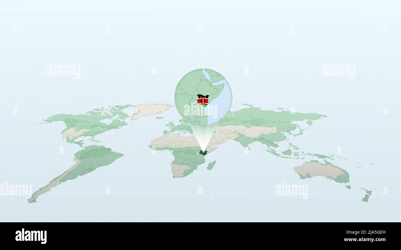 World map in perspective showing the location of the country Kenya with ...