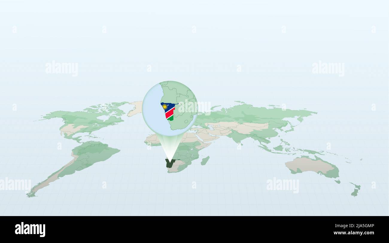 World map in perspective showing the location of the country Namibia ...