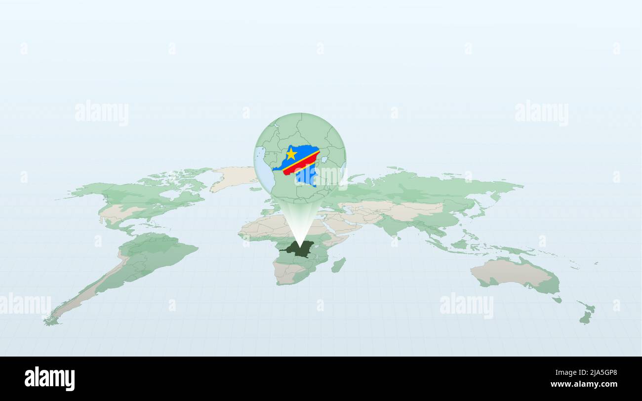World map in perspective showing the location of the country DR Congo ...