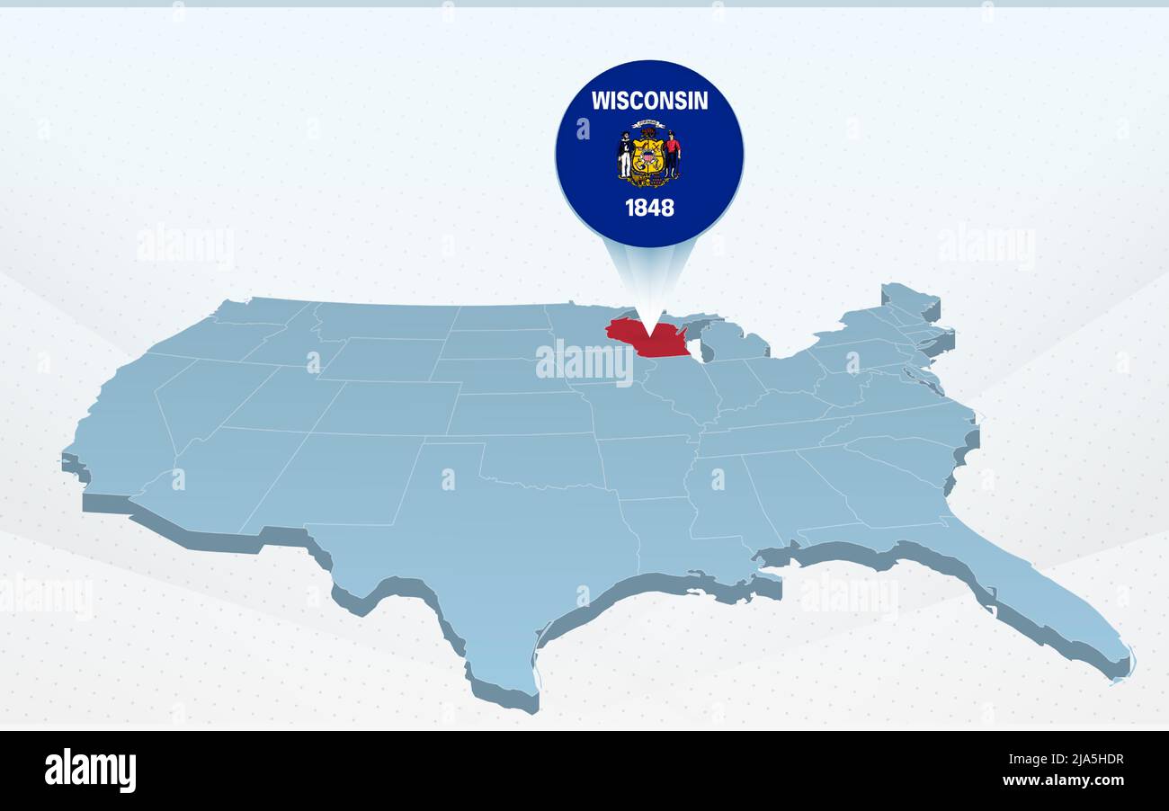 Wisconsin state map on United States of America map in perspective ...