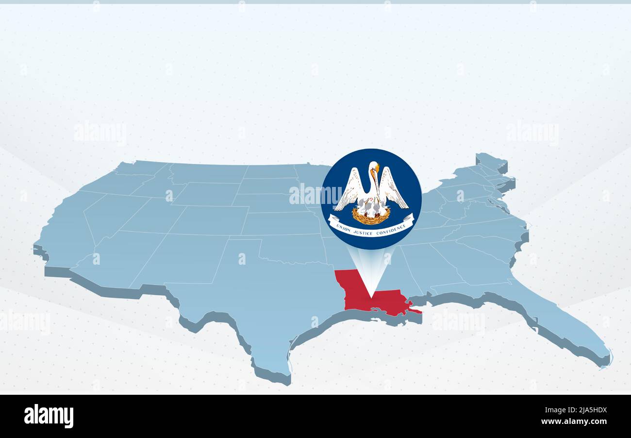 Louisiana state map on United States of America map in perspective ...