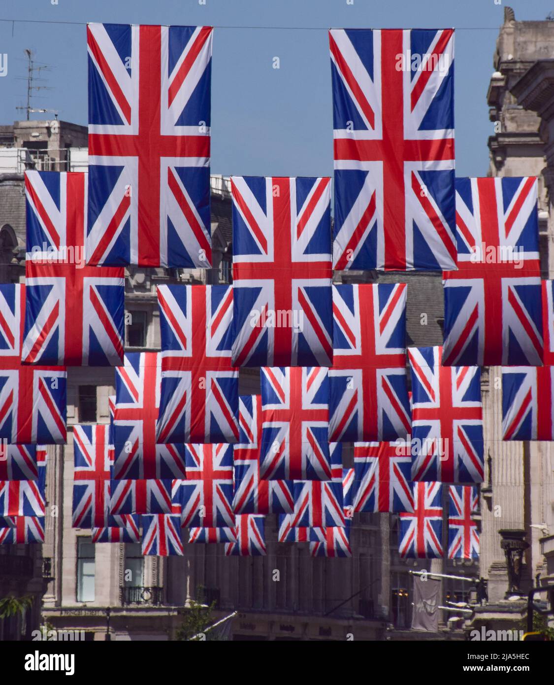 London, England, UK. 27th May, 2022. Union Jack flags decorate Regent ...