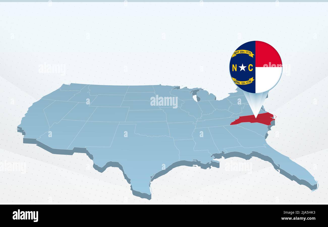 North Carolina state map on United States of America map in perspective ...