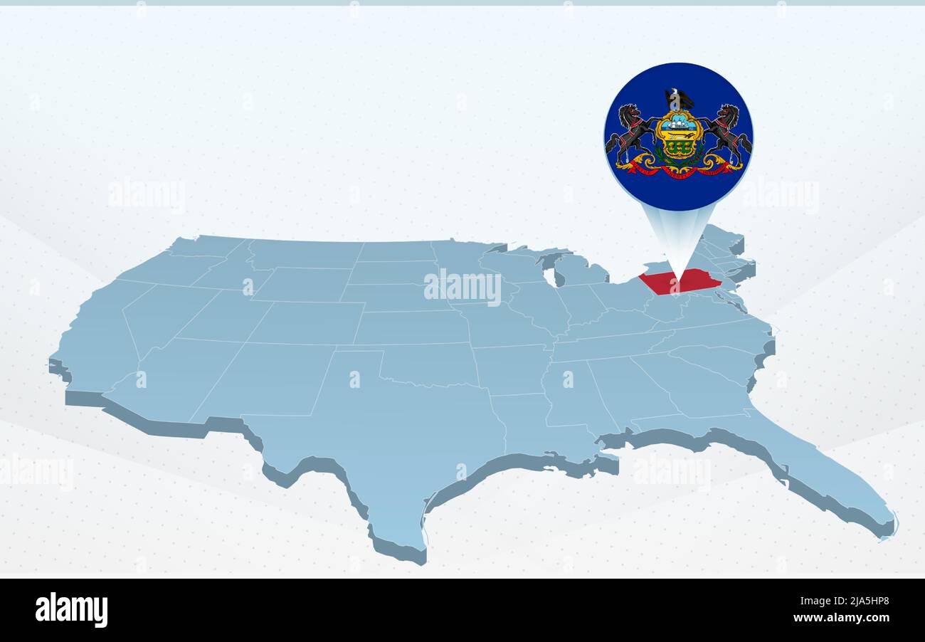 Pennsylvania state map on United States of America map in perspective ...