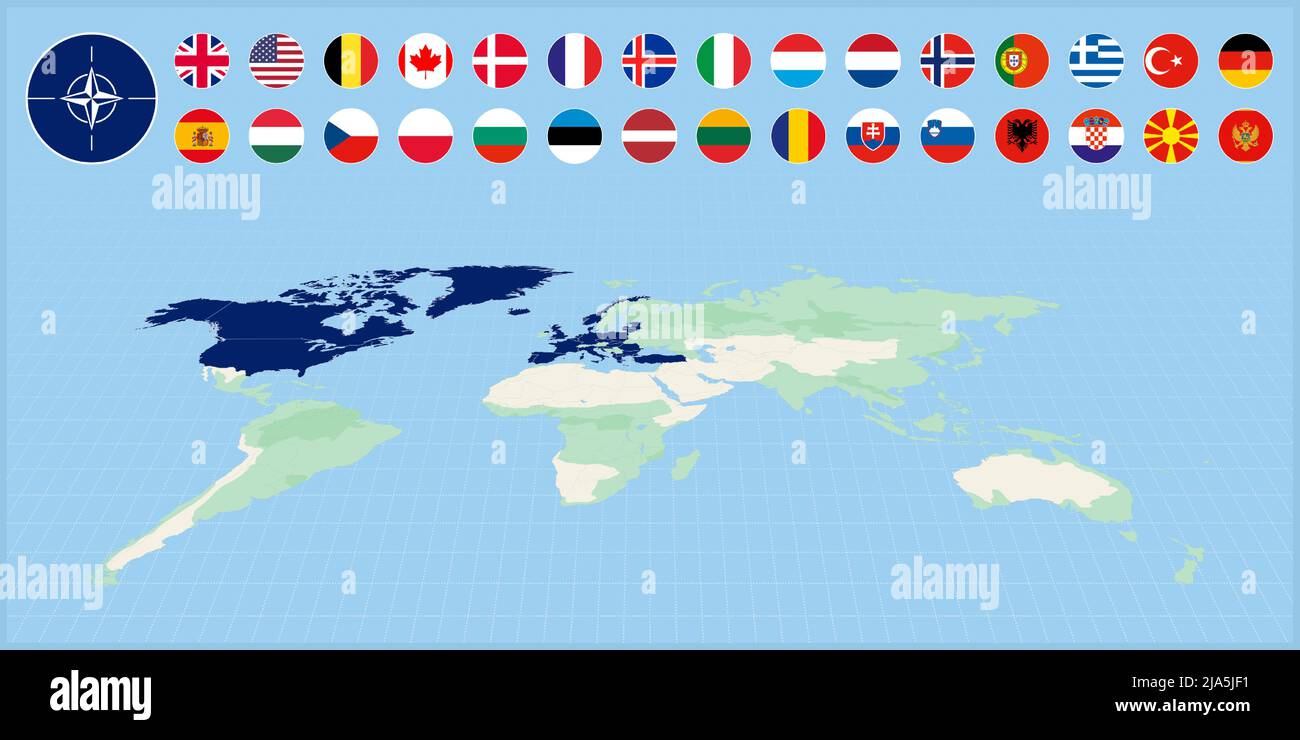 Member countries of North Atlantic alliance selected on world map. Flag ...
