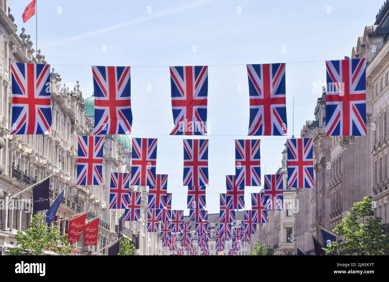 London, UK. 27th May 2022. Union Jack flags decorate Regent Street for ...