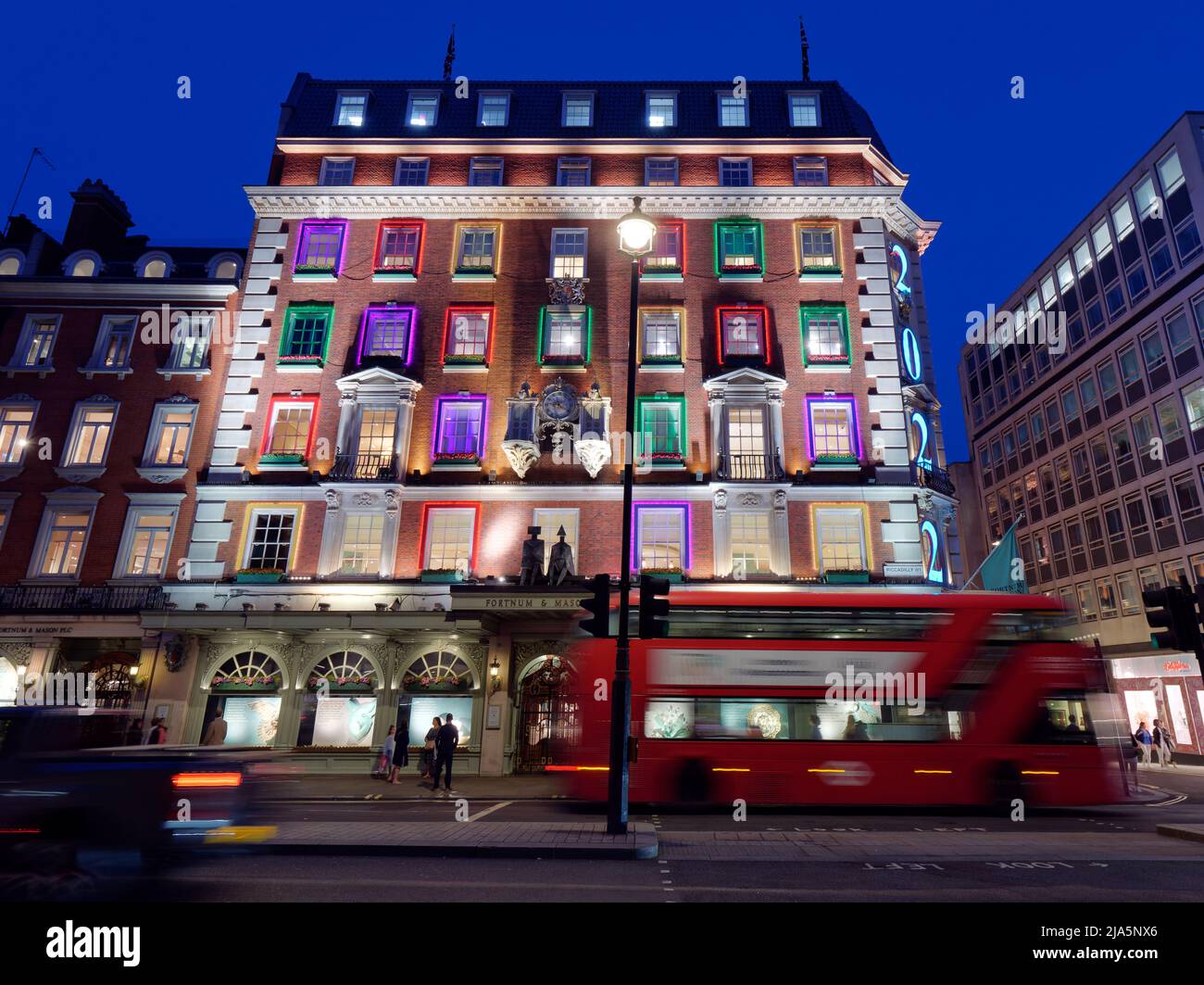 Fortnum and Mason Department Store exterior on Piccadilly at night as a ...