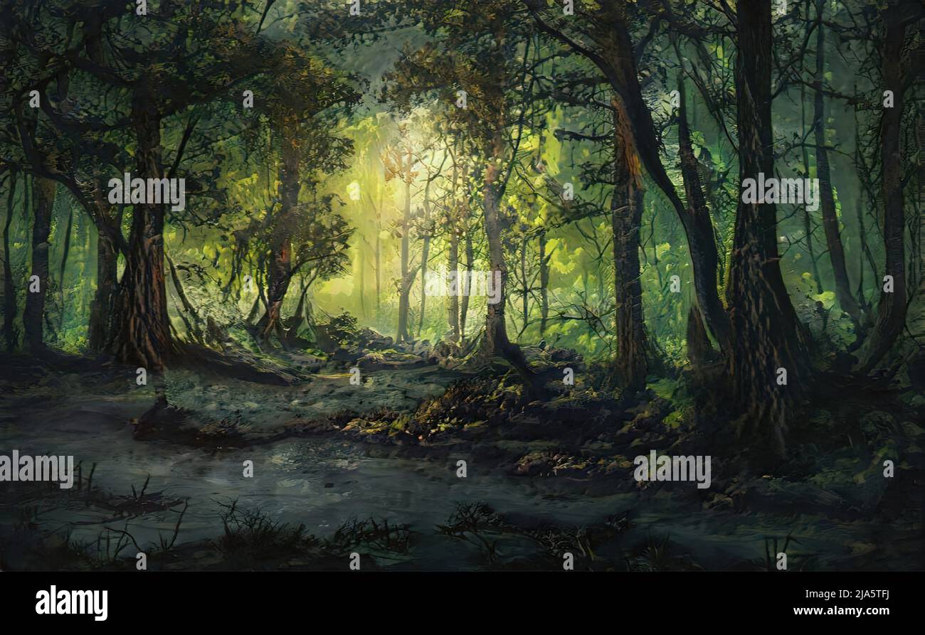 Abstract digital illustration; beautiful naturalistic landscape with ...