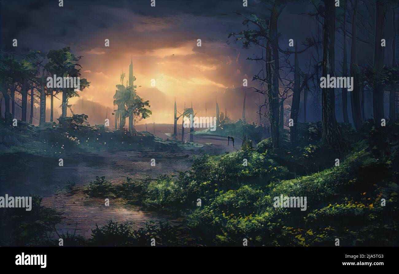 Abstract digital illustration; beautiful naturalistic landscape with ...