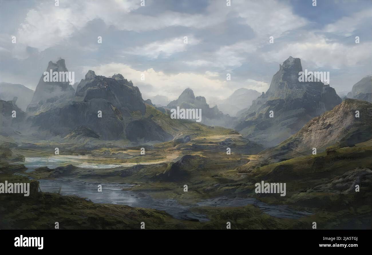 Abstract digital illustration; beautiful naturalistic landscape with ...