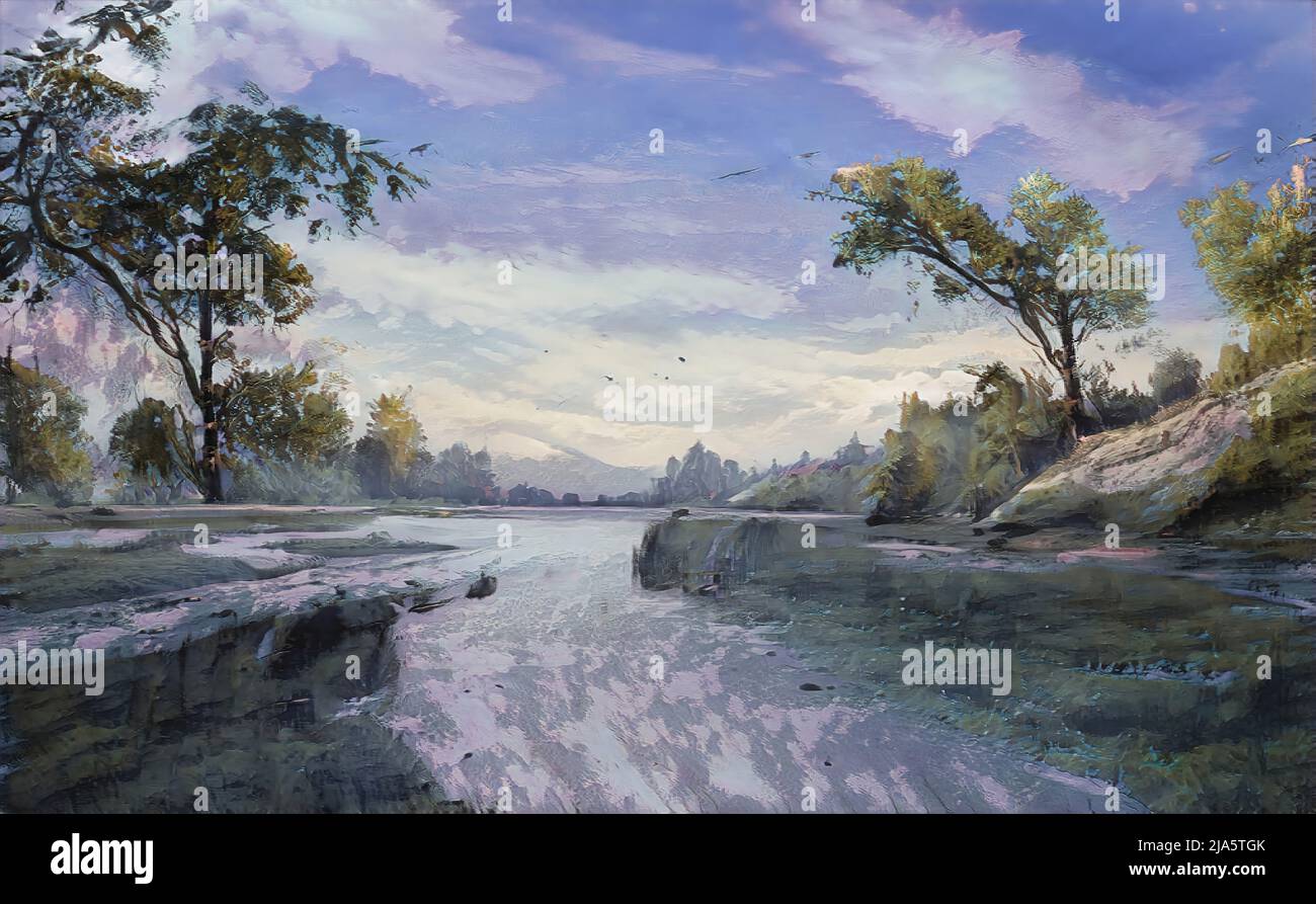 Abstract digital illustration; beautiful naturalistic landscape with ...