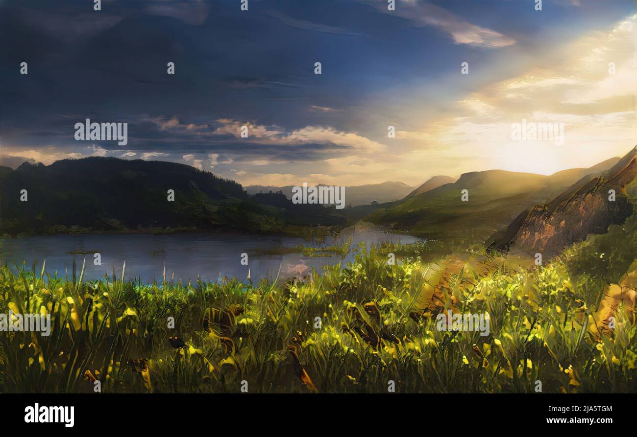 Abstract digital illustration; beautiful naturalistic landscape with ...