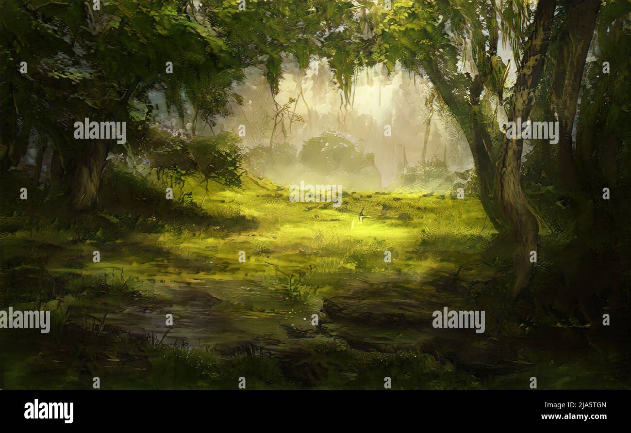 Abstract digital illustration; beautiful naturalistic landscape with ...