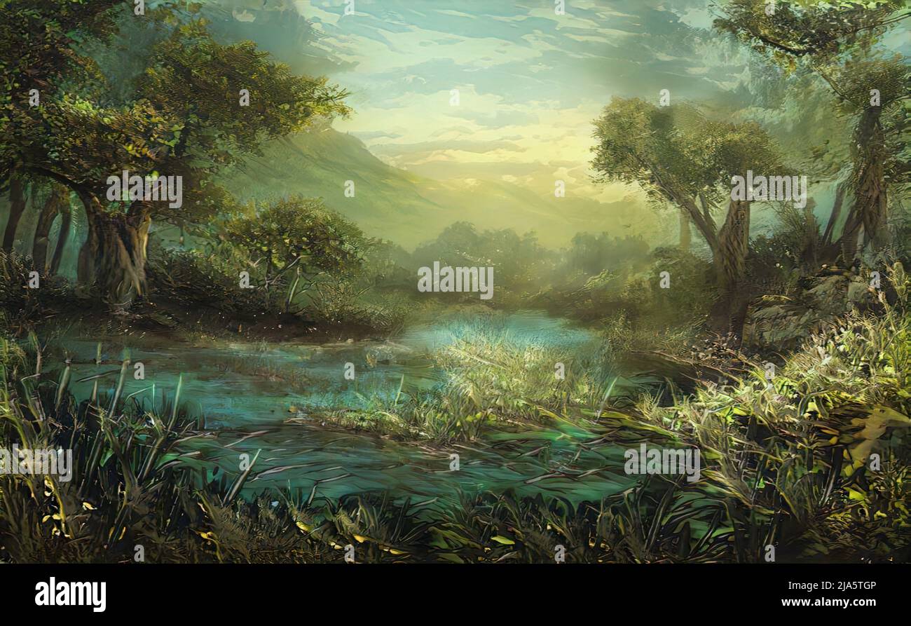 Abstract digital illustration; beautiful naturalistic landscape with ...