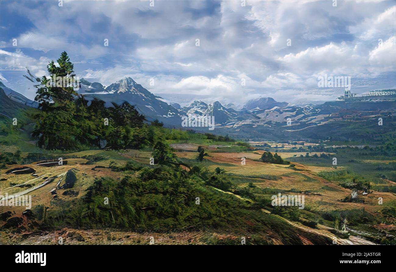 Abstract digital illustration; beautiful naturalistic landscape with ...