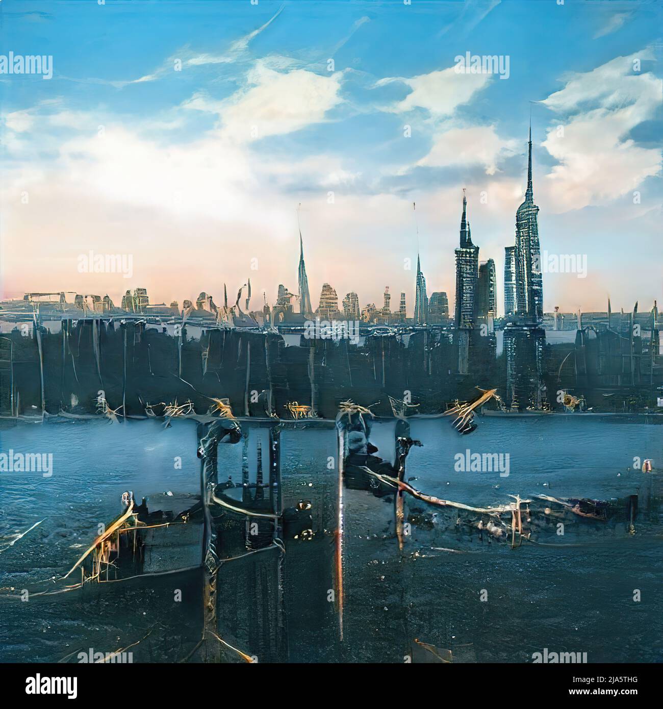 Abstract digital illustration; dark futuristic landscape, post ...